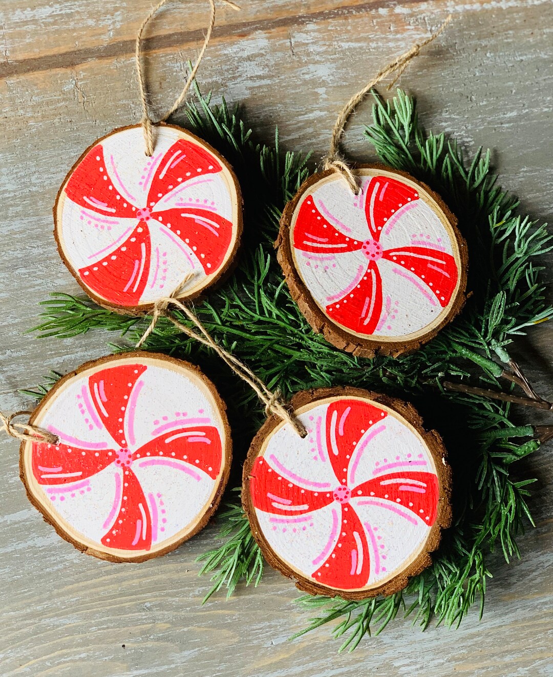 4pc Peppermint Candy Wood Slice Ornament Green or Red - Etsy