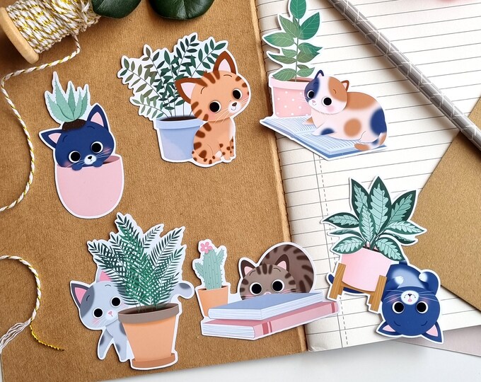 Sticker Vinyl Cats and Plants, Sticker Cat, Sticker Vinyl Plants ...