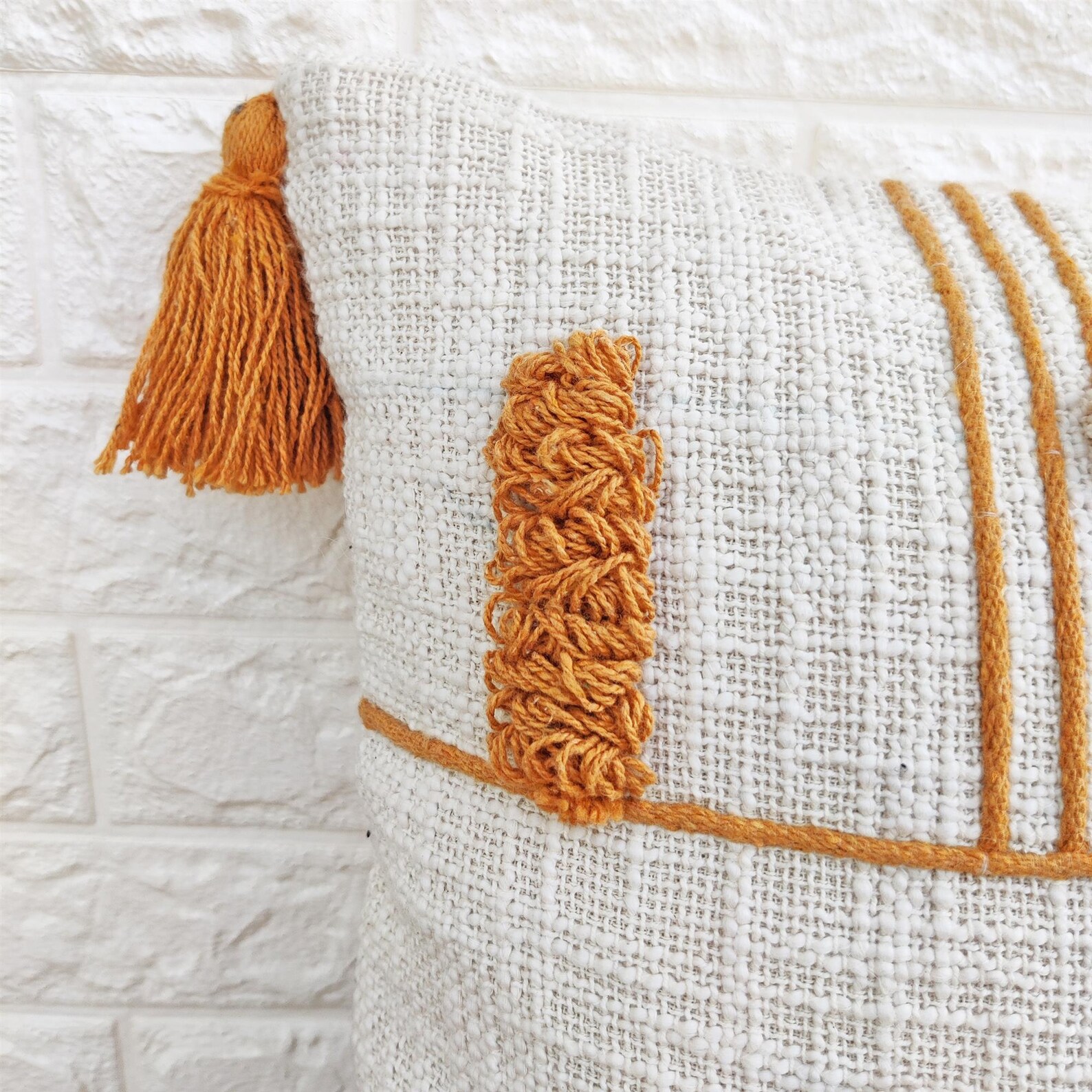 Ivory off White & Mustard Yellow Tufted Boho Textured Pillow Case With ...