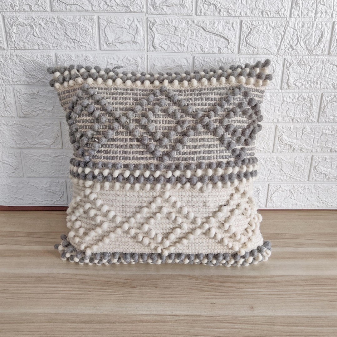 Grey & Natural White Cotton Wool Hand Woven Ivory 18x18 Boho Textured ...