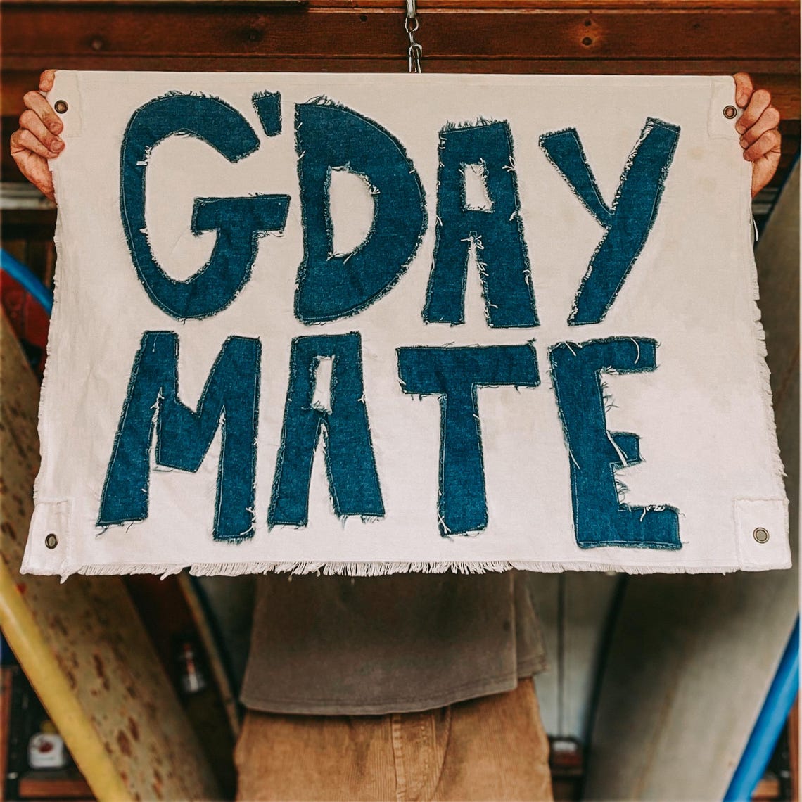 G’DAY MATE Denim Appliqué Canvas Banner – Handmade Coastal Wall Hanging ...