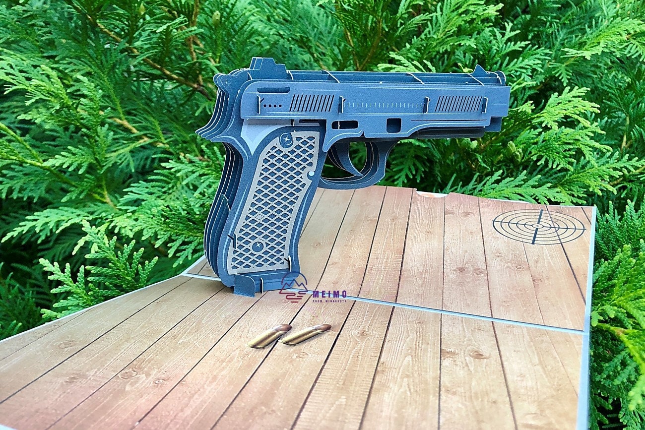3D Pop up Greeting Card Gun Pistol Handgun Handmade Father Dad Brother ...