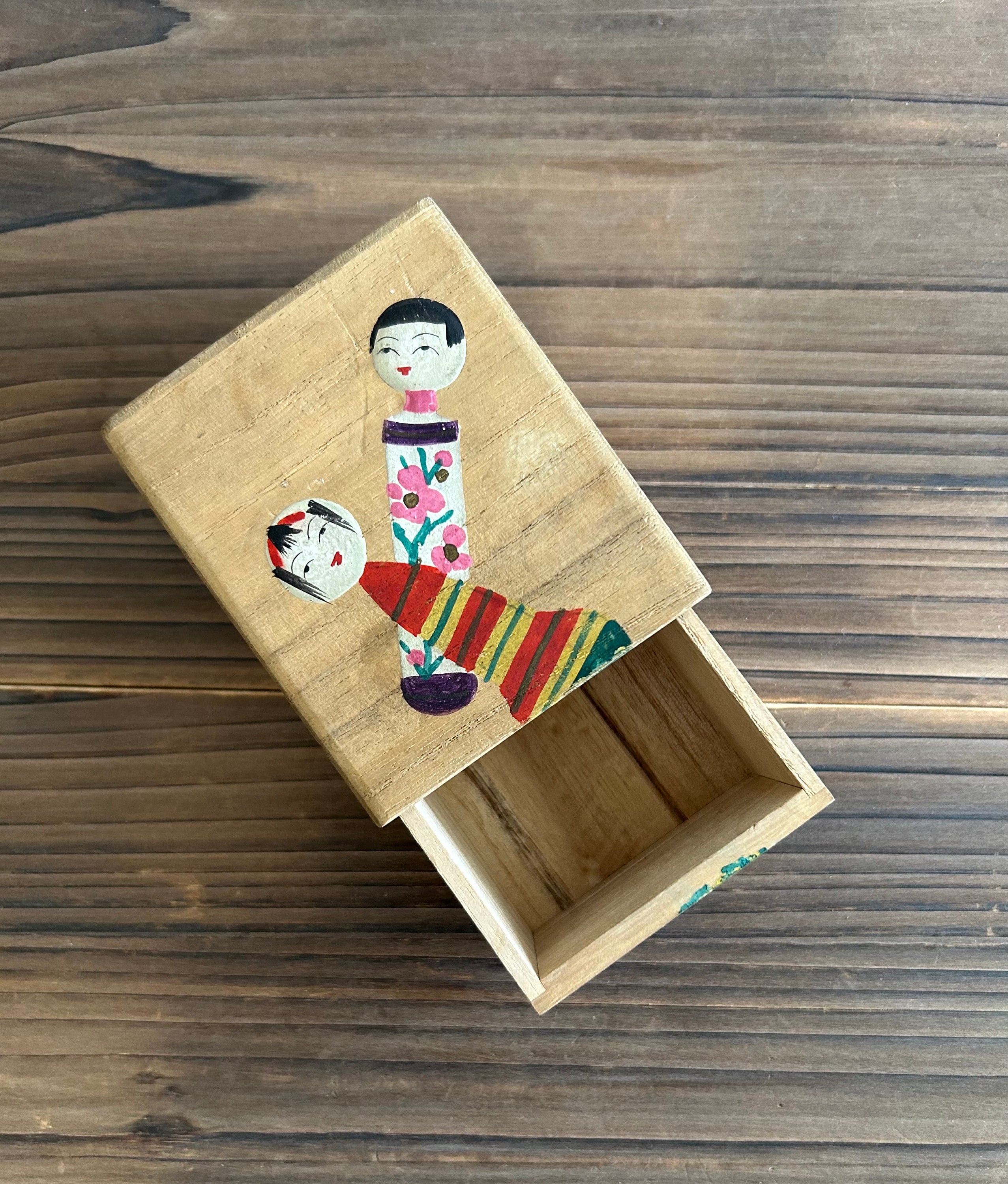 Vintage Japanese Wood Box With Kokeshi Doll Design - Etsy