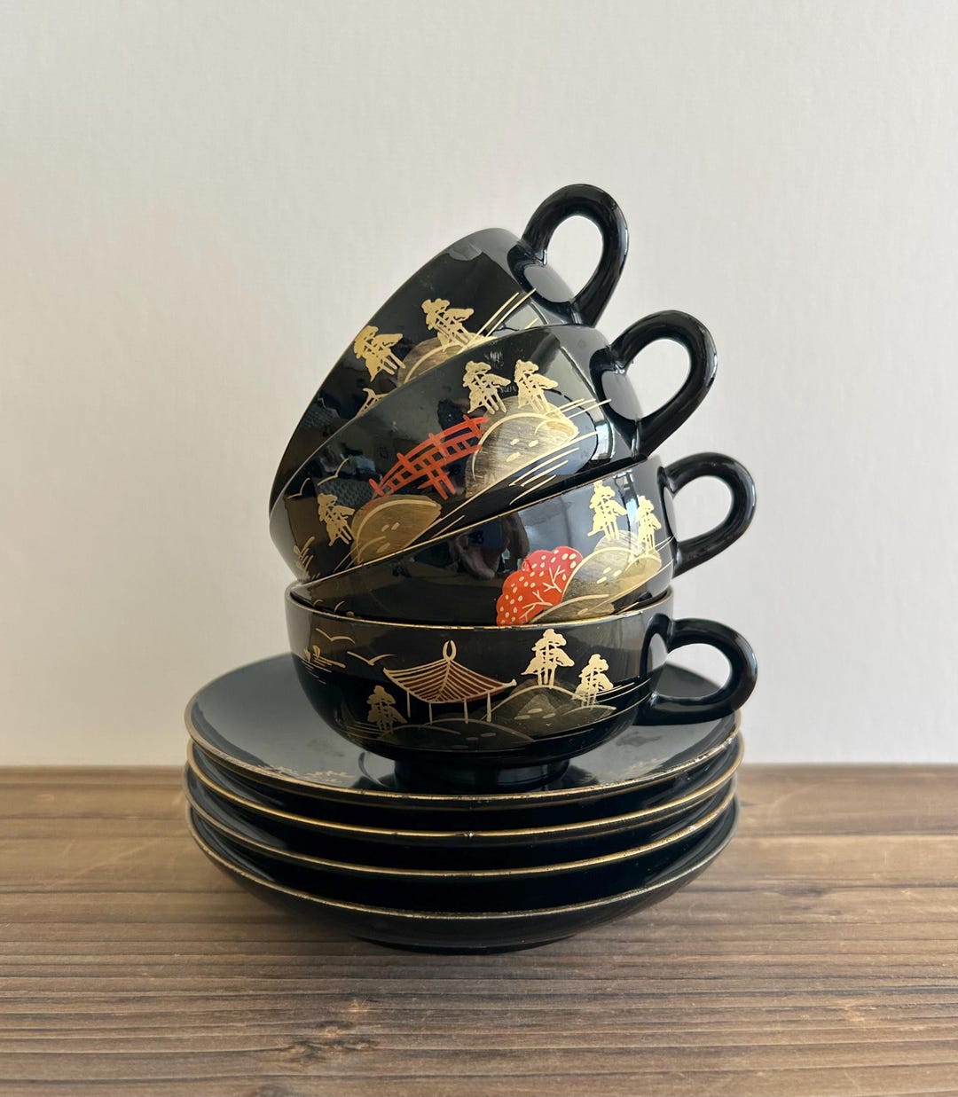 Vintage Japanese Lacquerware Cups & Saucers Set of 4 - Etsy