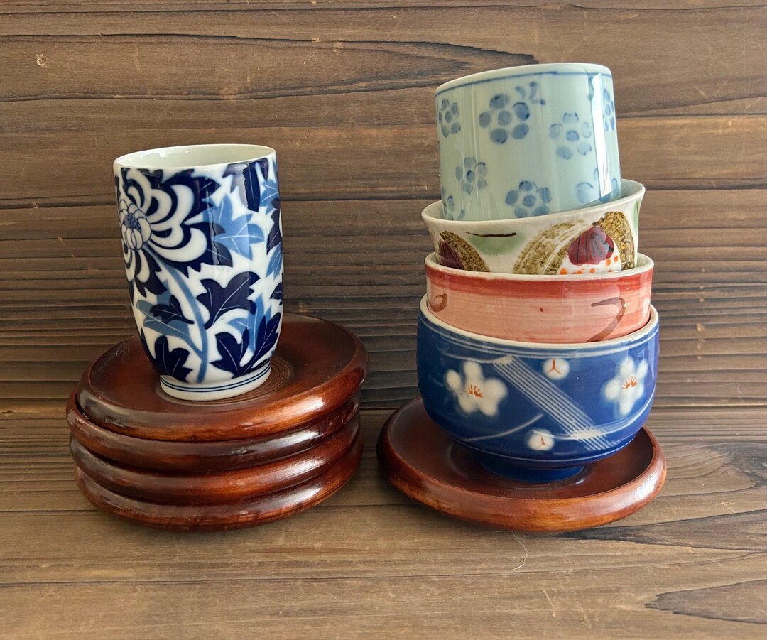 Vintage Japanese Tea Cups With Wooden Saucers Set of 5 Mis-matched ...