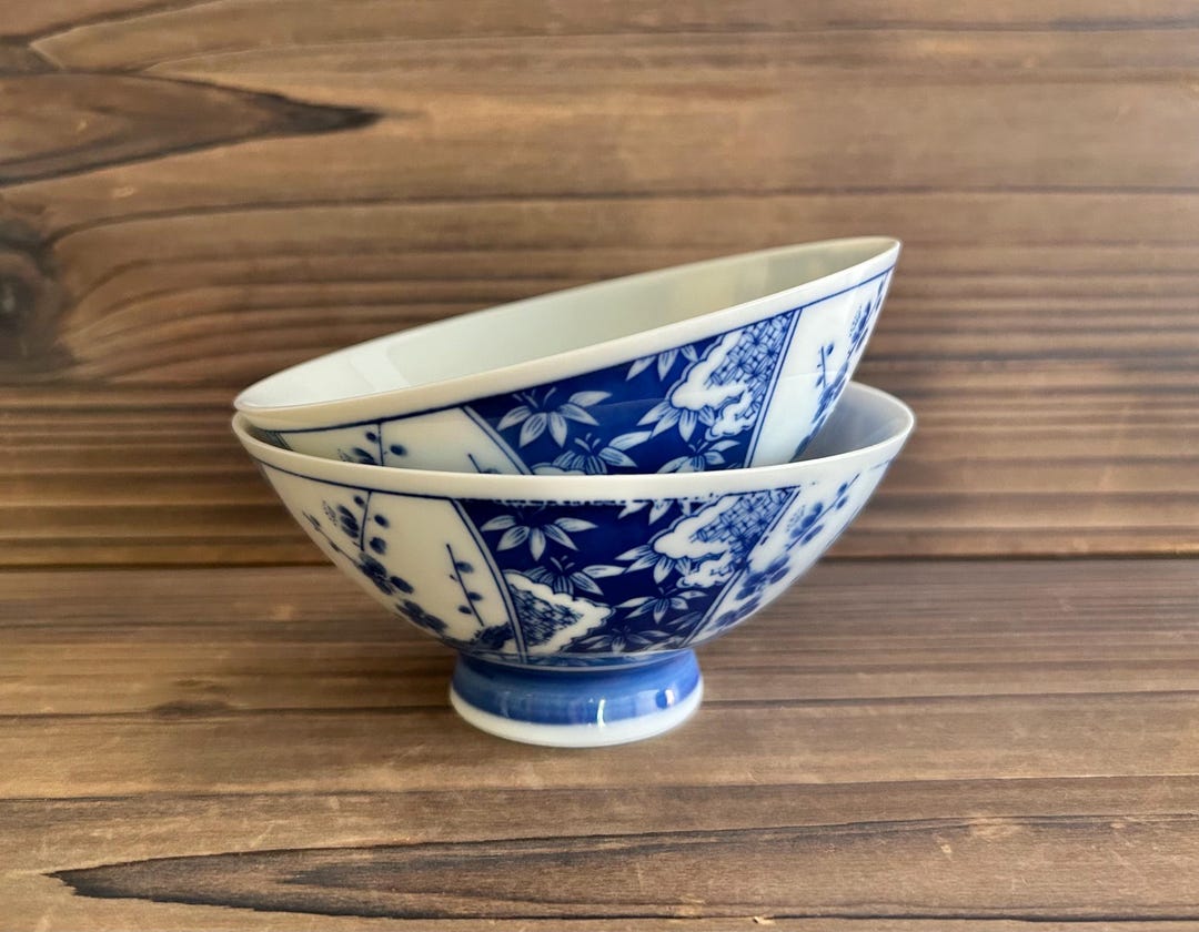Vintage Japanese Rice Bowl Set of 2 Blue and White Traditional Flower ...