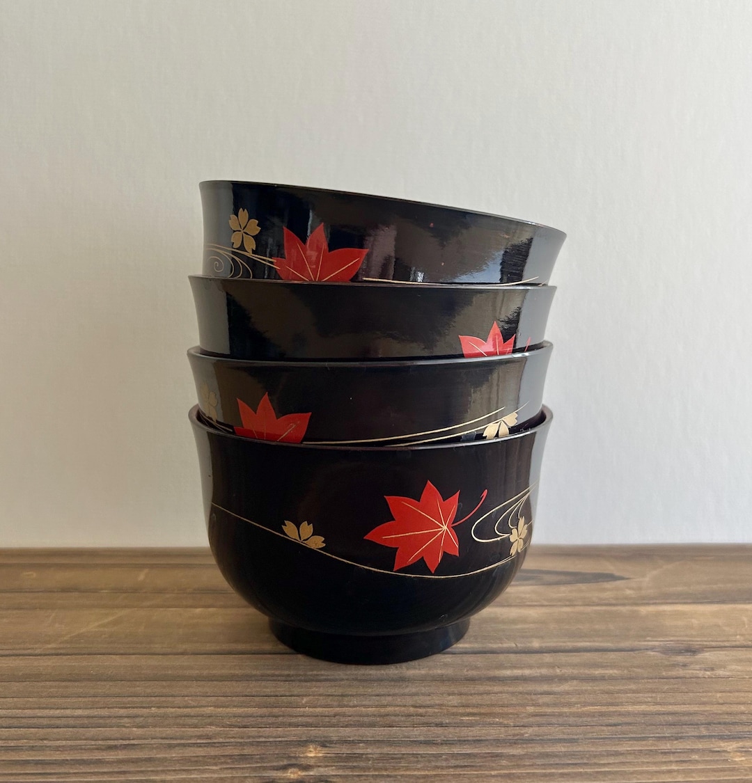 Vintage Japanese Lacquerware Bowls Set of 4 With Autumn Leaf Design - Etsy