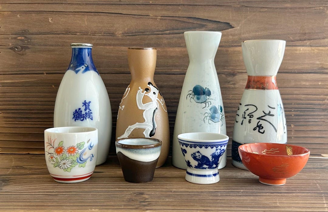 Vintage Japanese Tokkuri Sake Bottles and Mis-matched Cups Set of 4 - Etsy