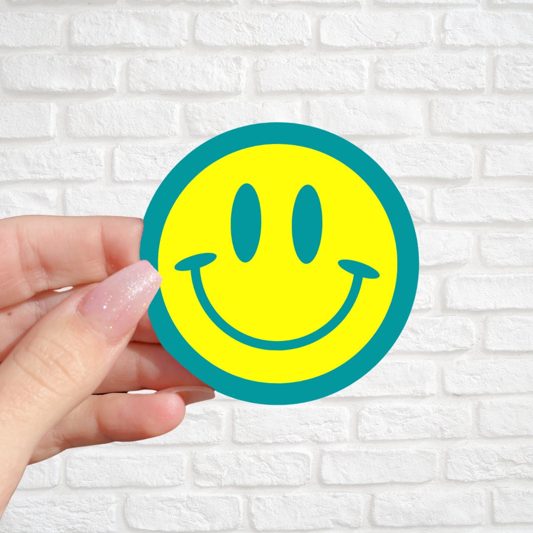 Teal & Yellow Neon Smiley Face Sticker | Etsy