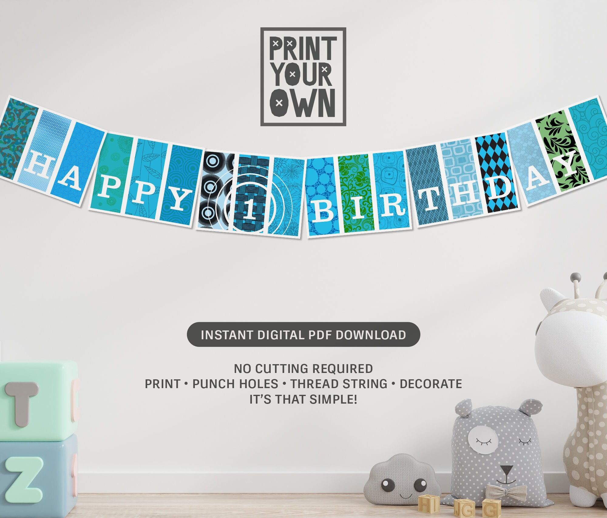 Happy 1st Birthday * Blue Printable Banner/bunting * Instant Download ...