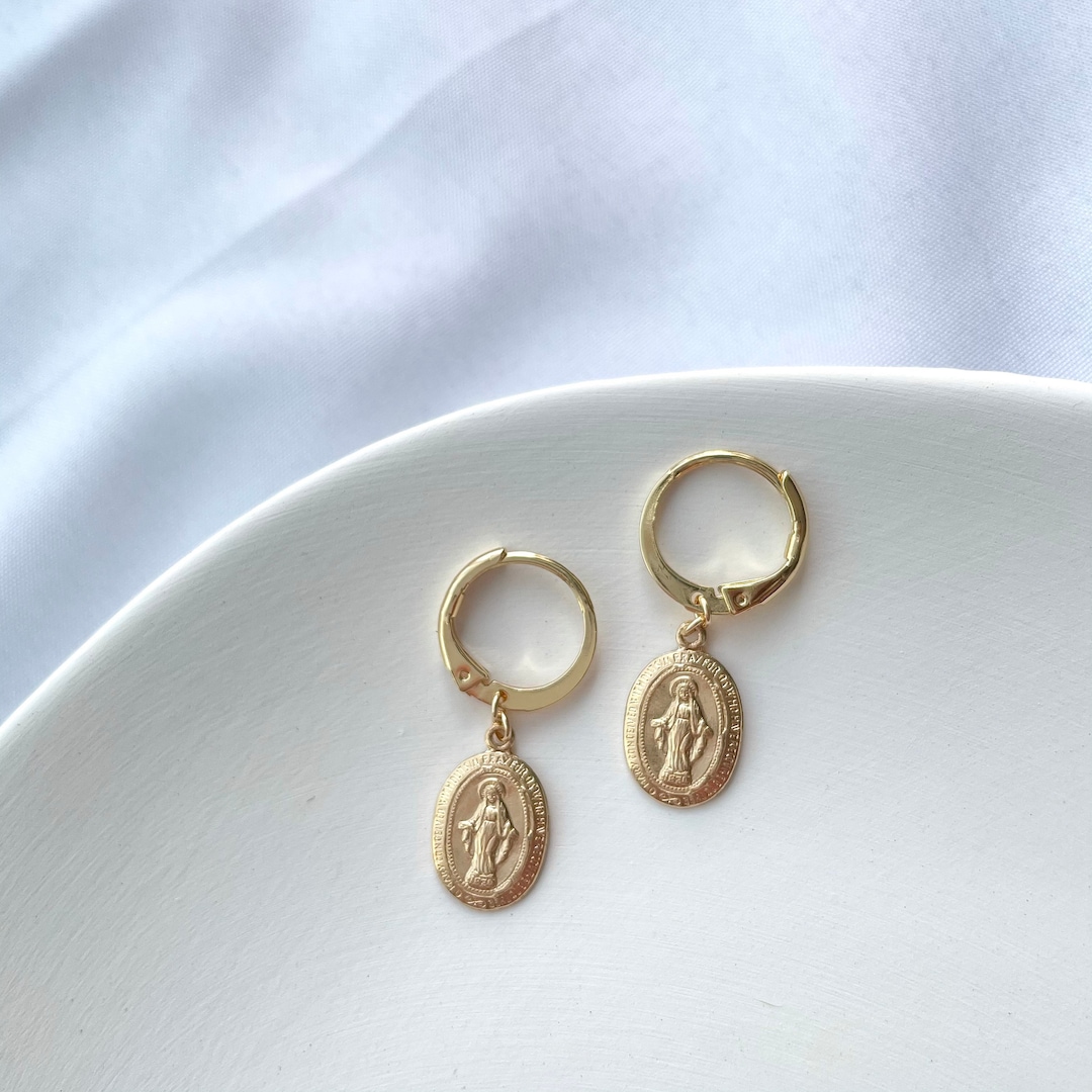 Gold Virgin Mary Earrings,hoop Earrings, 14k Gold Filled,hoop Earrings ...