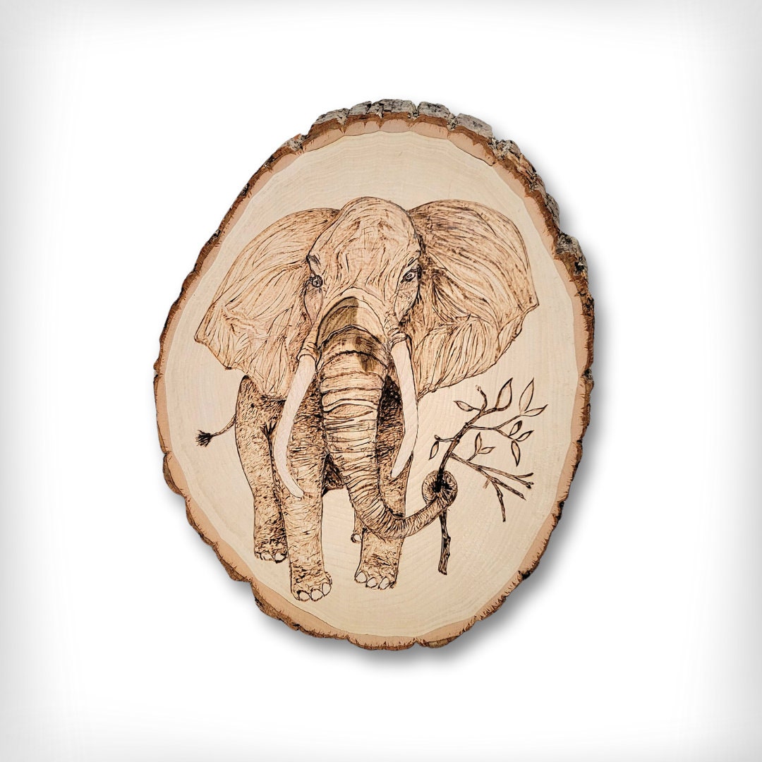 Elephant Hand Painted Pyrography Wood Slice Art (8.5"x11") - Etsy