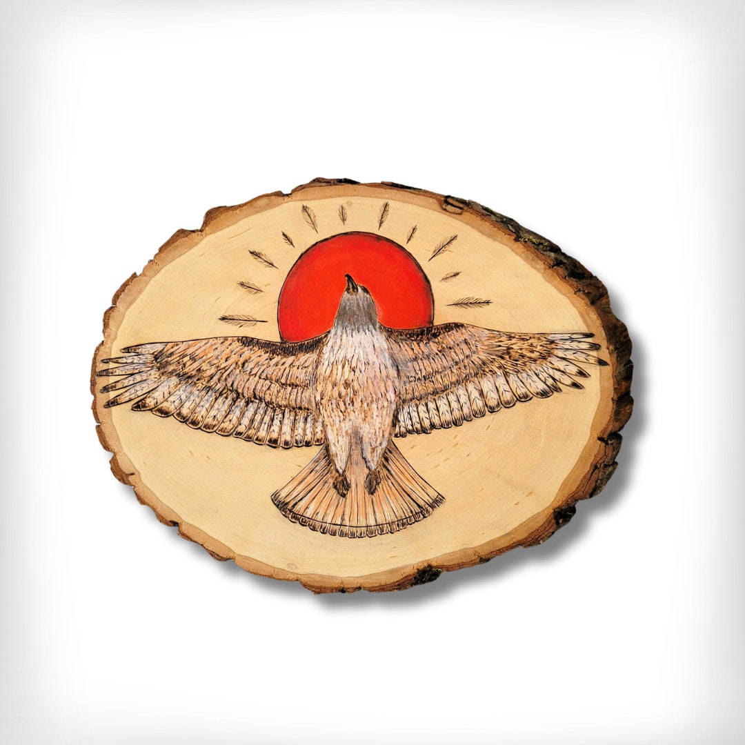 Red Tailed Hawk Hand Painted Pyrography Wood Slice Art (8"x11") - Etsy