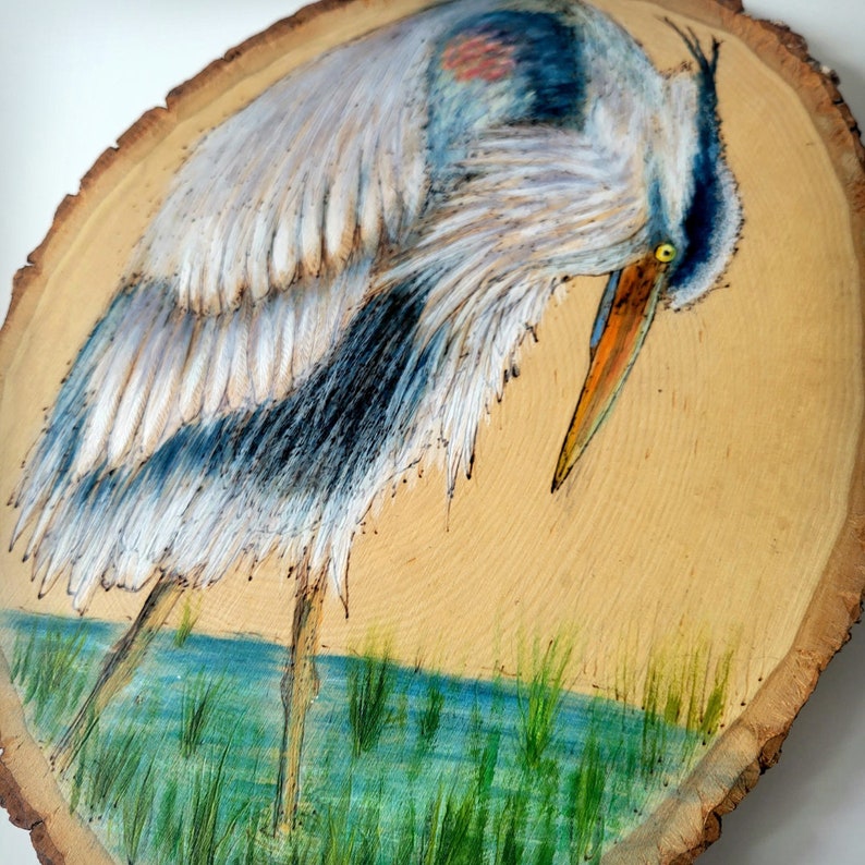 Hand-painted Blue Heron Pyrography Wood Slice Art (8x11in - Etsy