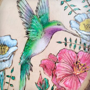 Hummingbird Flower Hand Painted Pyrography Wood Slice Art (6"x8.5") - Etsy