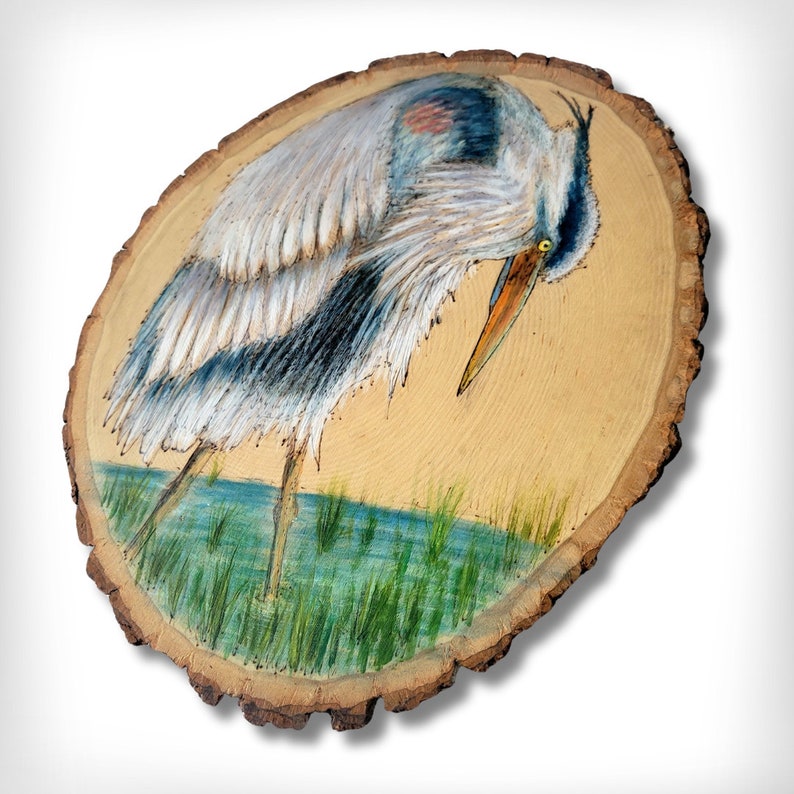 Hand-painted Blue Heron Pyrography Wood Slice Art (8x11in - Etsy