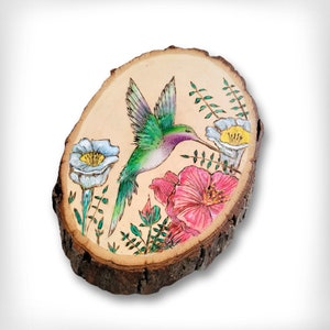 Hummingbird Flower Hand Painted Pyrography Wood Slice Art (6"x8.5") - Etsy