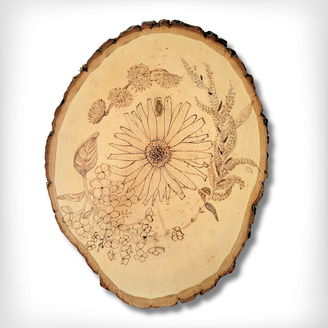 Sunflower Botanical Wreath Wood Slice Pyrography Art (8"x11") - Etsy