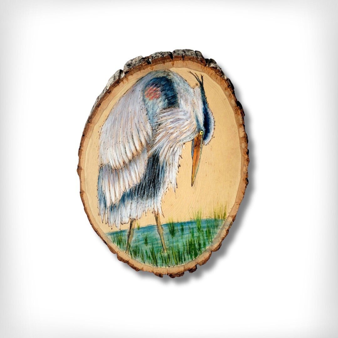 Hand-painted Blue Heron Pyrography Wood Slice Art (8x11in - Etsy
