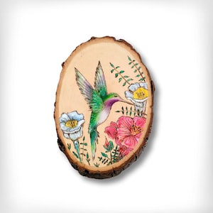 Hummingbird Flower Hand Painted Pyrography Wood Slice Art (6"x8.5") - Etsy