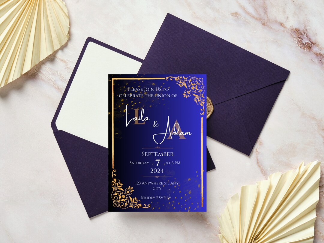 Wedding Invite Template, Wedding Invite, Royal Blue and Gold Wedding ...