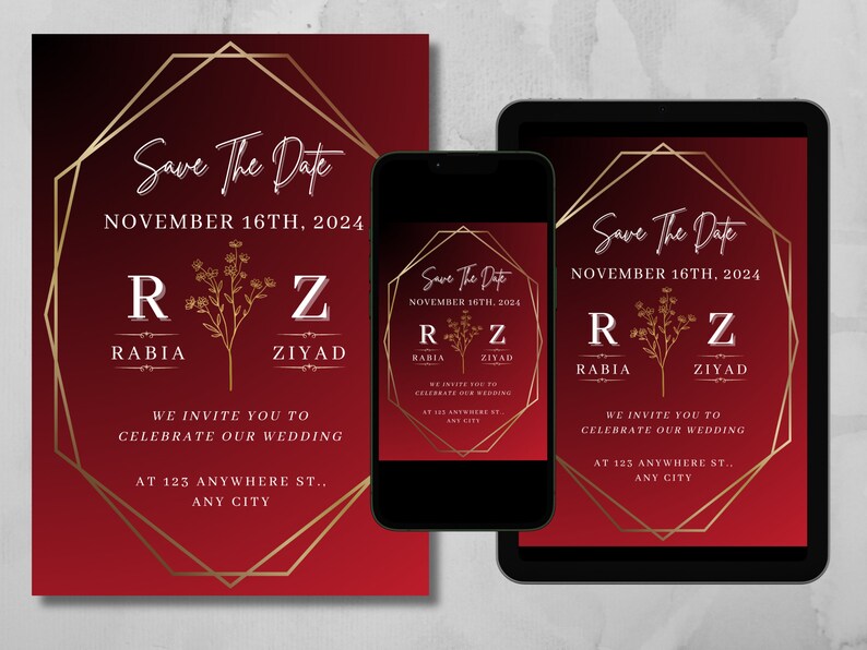 Elegant Save the Date Invite, Red and Black Wedding Invite, Save the ...