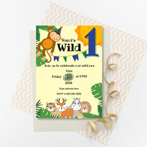 Wild One Birthday Invitation Template, Digital Template, Jungle Themed ...