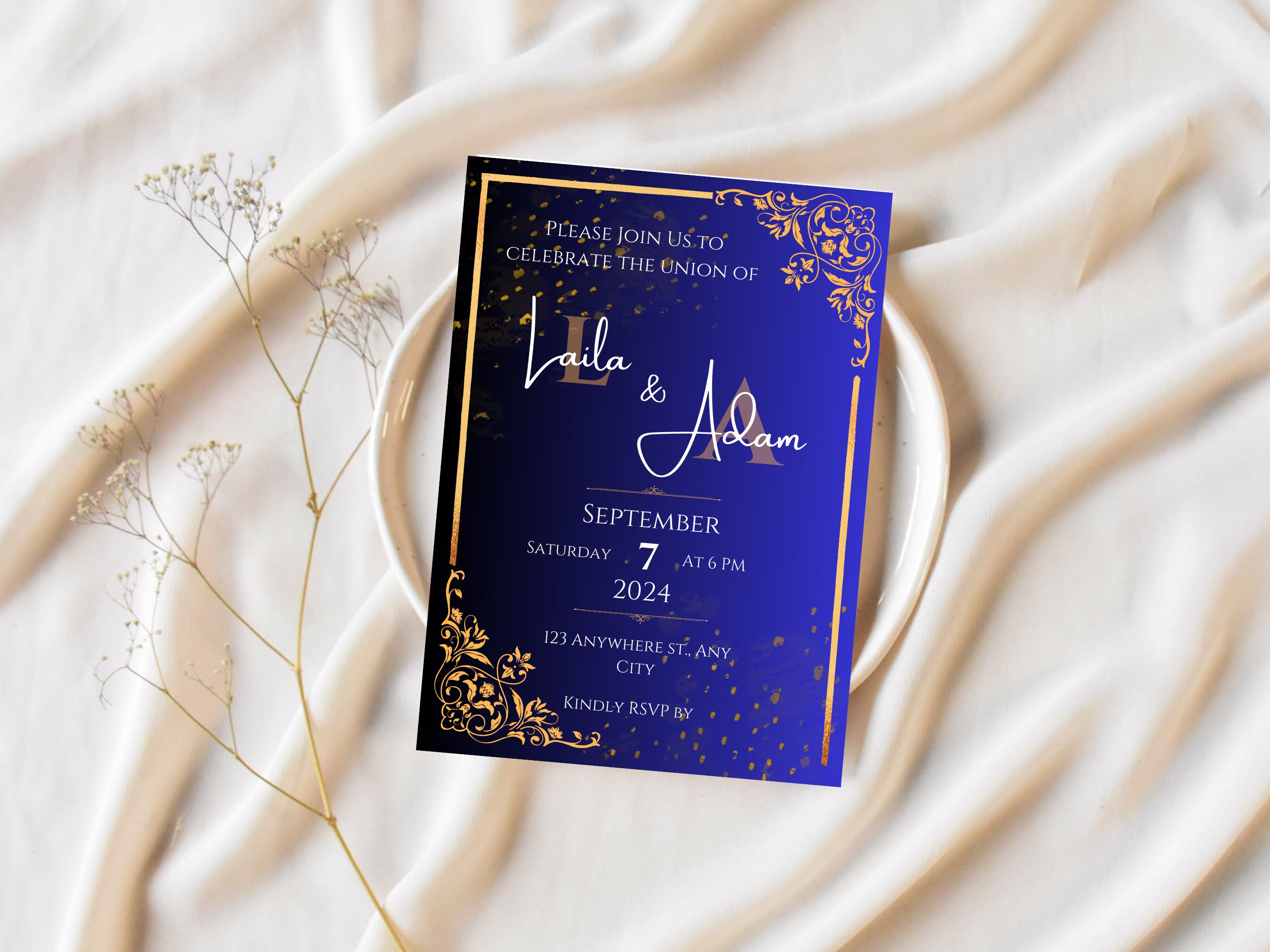 Wedding Invite Template, Wedding Invite, Royal Blue and Gold Wedding ...