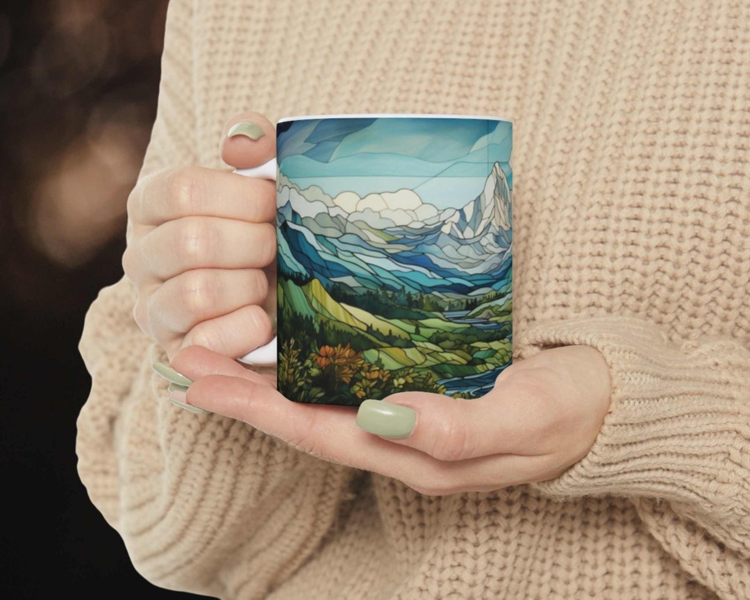 Stained Glass Mountain Scenery Coffee Mug Outdoor Inspired Nature ...