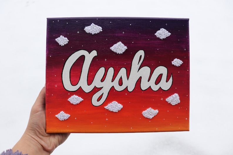 Handmade Personalized Name Canvas With Sunset and Embroidered Cloud ...