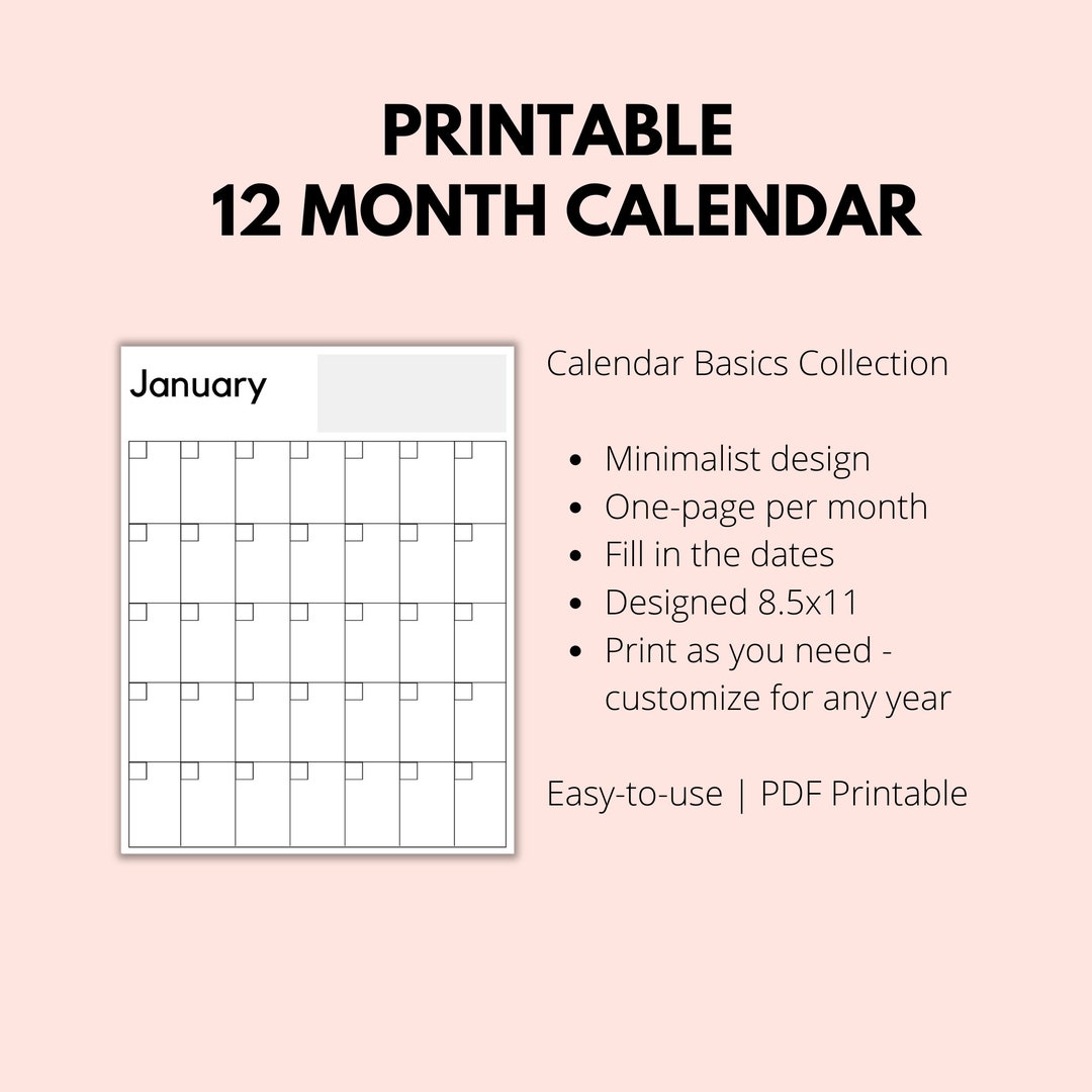 Simple Monthly Calendar Printable, Monthly Planner Blank, 12 Month ...