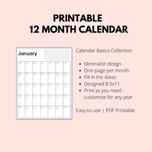 Simple Monthly Calendar Printable, Monthly Planner Blank, 12 Month ...