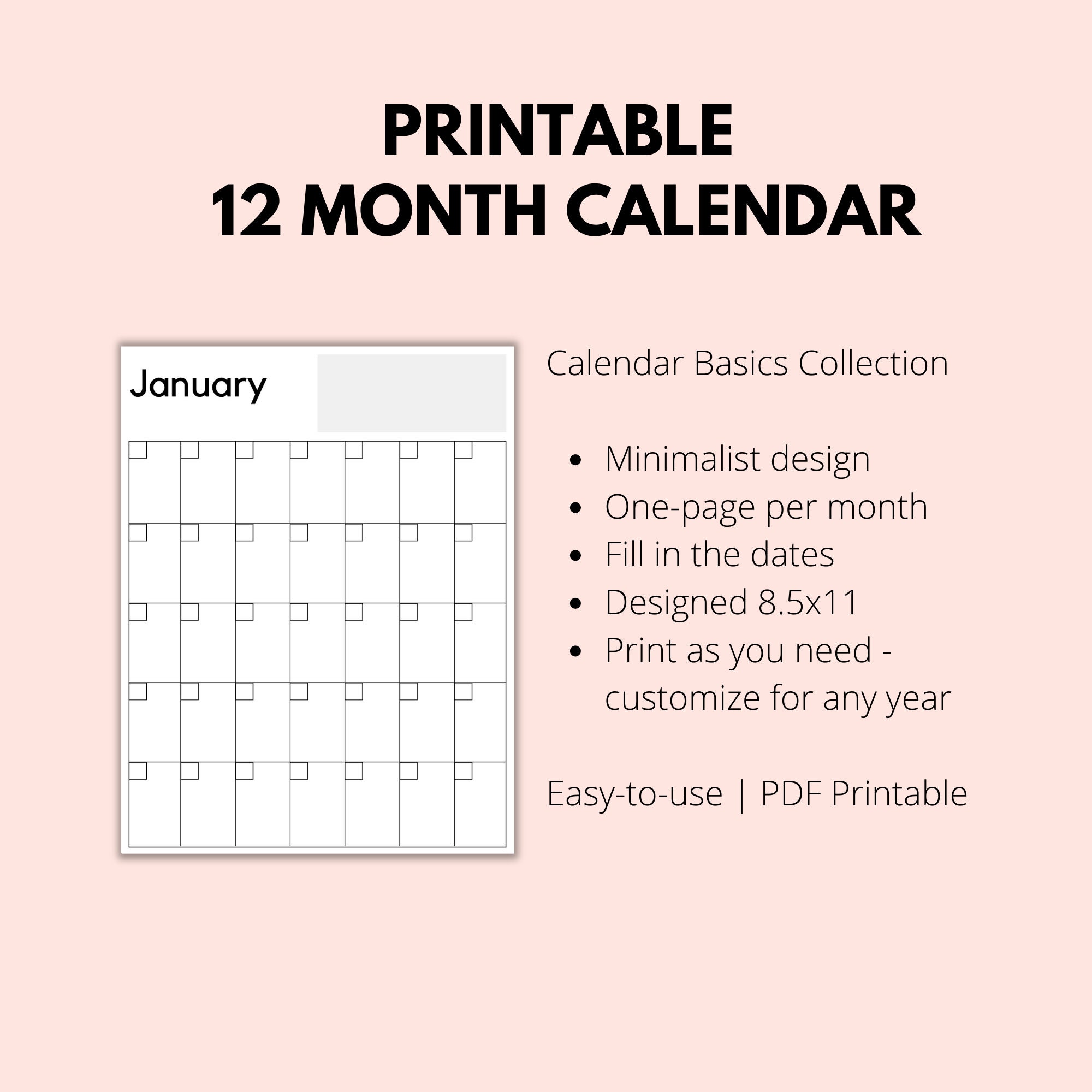 Simple Monthly Calendar Printable, Monthly Planner Blank, 12 Month ...