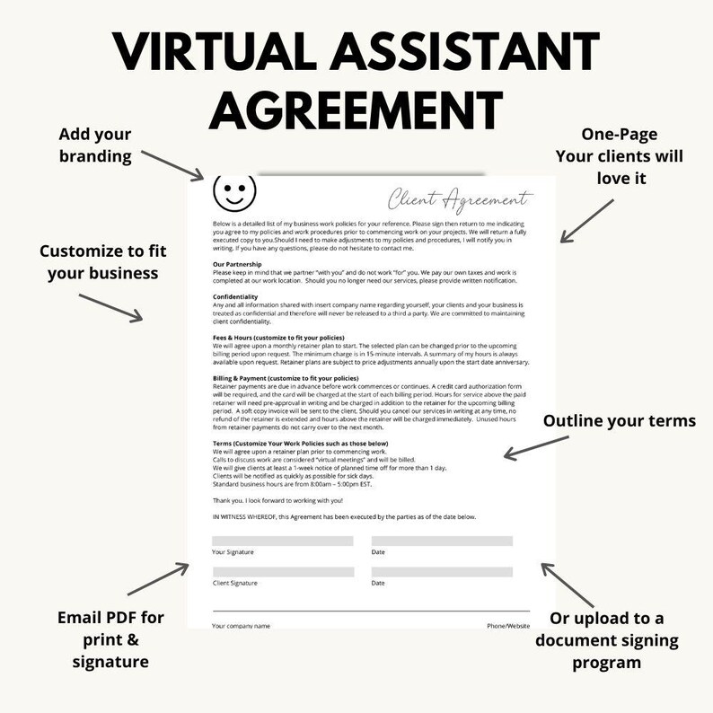 Editable Client Agreement Template Canva | Virtual Assistant Contract ...