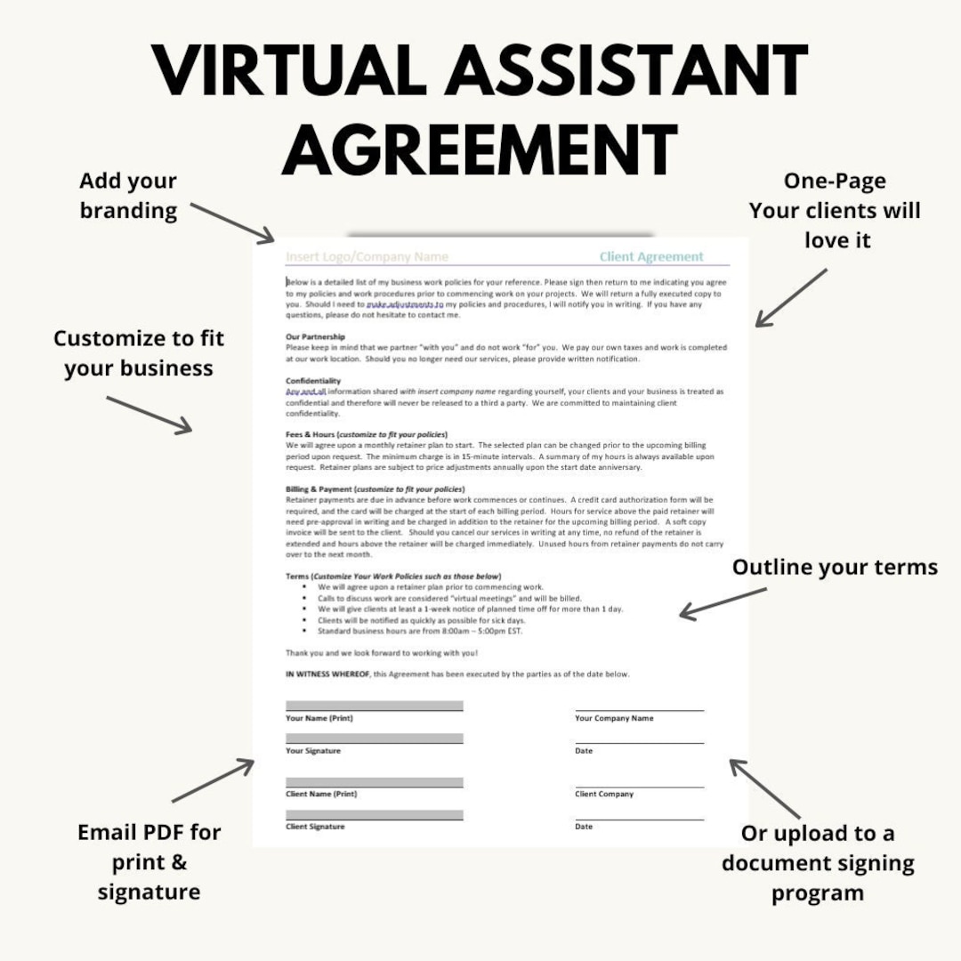 Virtual Assistant Agreement Virtual Assistant Forms Editable - Etsy