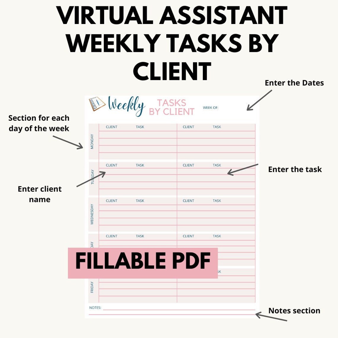 Fillable PDF, Printable Weekly to Do List, Virtual Assistant Templates ...