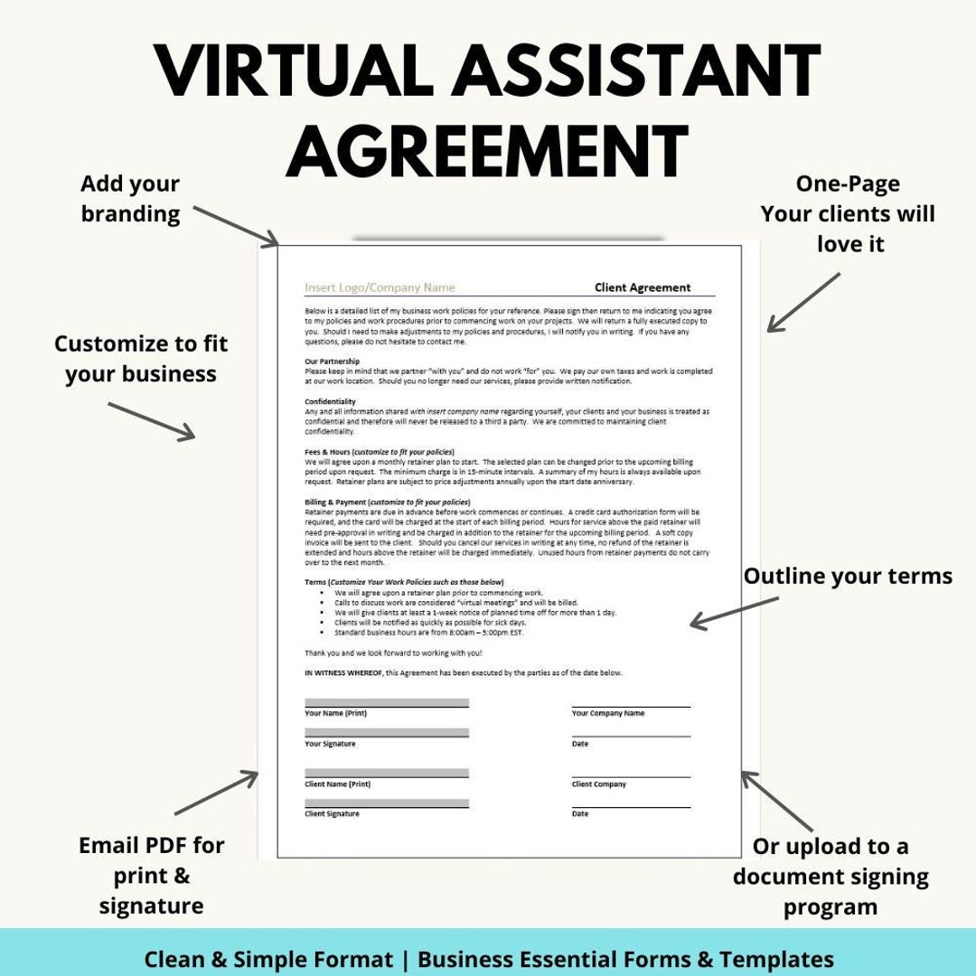 Virtual Assistant Agreement, Virtual Assistant Forms, Editable Virtual ...