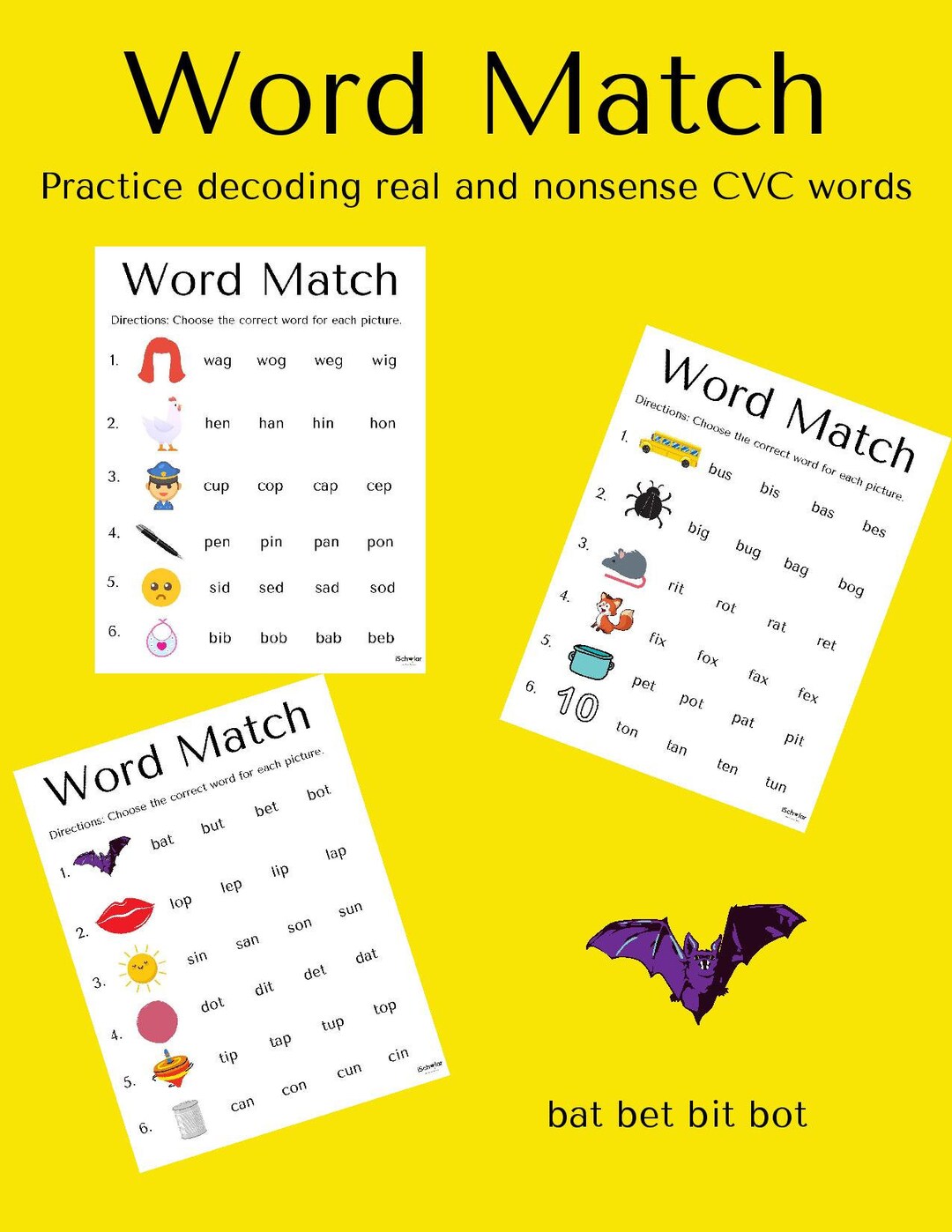 CVC Word Match Phonics Worksheet Bundle - Etsy