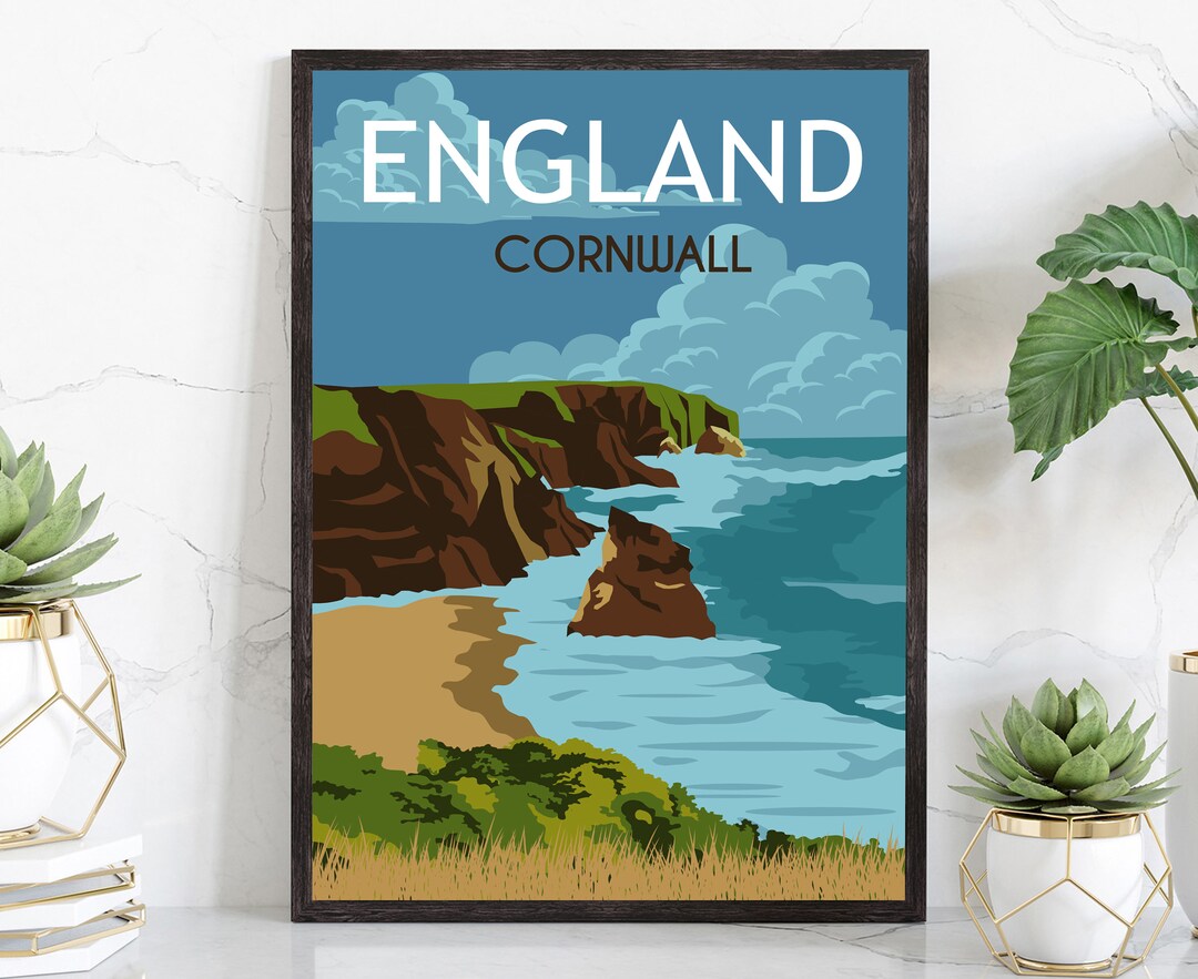 ENGLAND CORNWALL Retro Travel Poster, England Cornwall Cityscape Poster ...