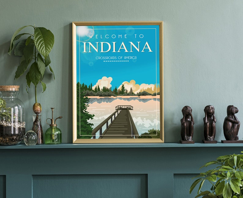 INDIANA Retro Style Travel Poster, Indiana Vintage Rustic Poster, Home ...