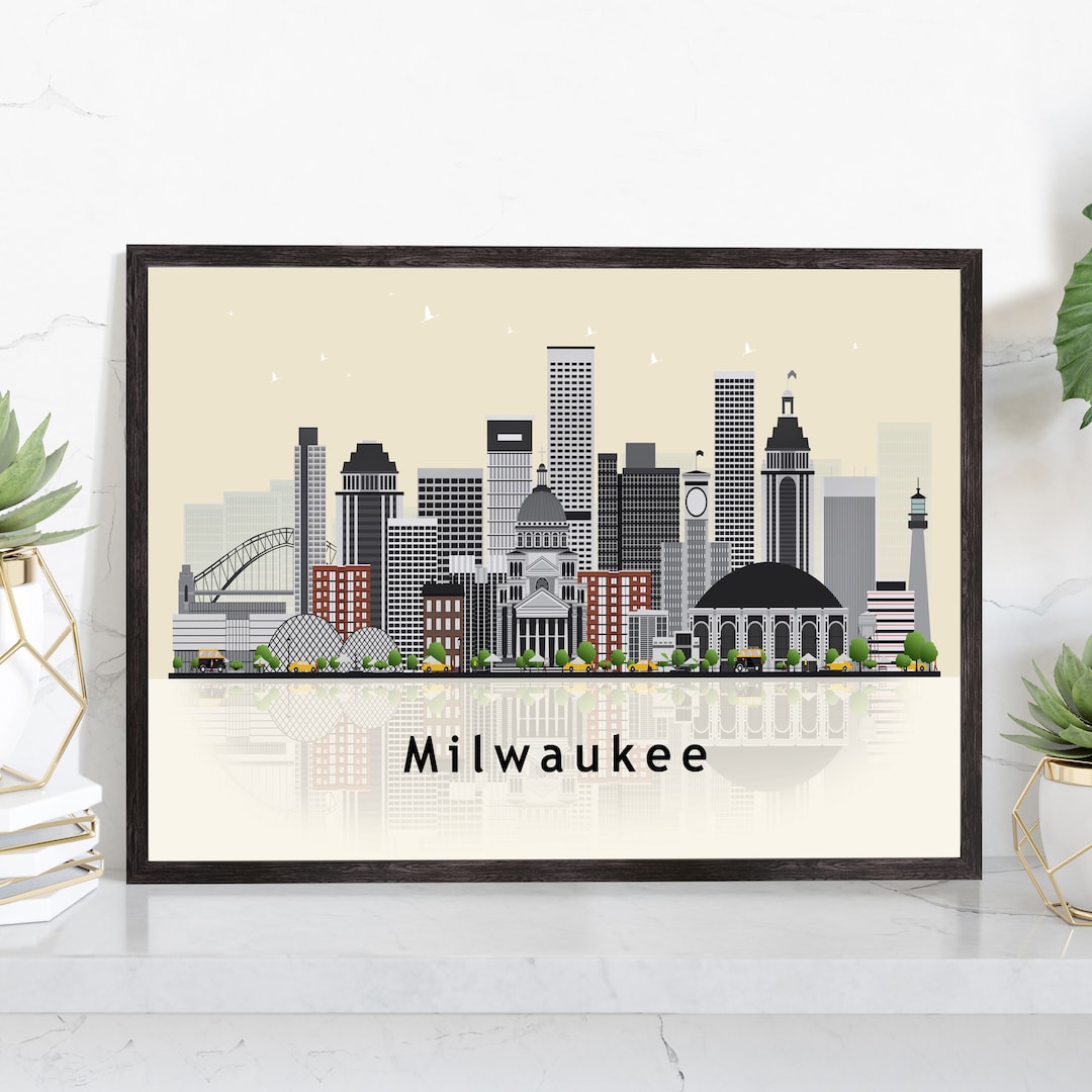 MILWAUKEE WISCONSIN Illustration Skyline Poster, Wisconsin State Modern ...