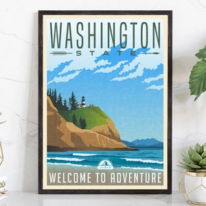 Retro Style Travel Poster, Washington Vintage Rustic Poster Print, Home ...