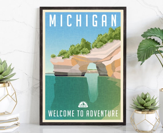 Retro Style Travel Poster Michigan Vintage Rustic Poster | Etsy