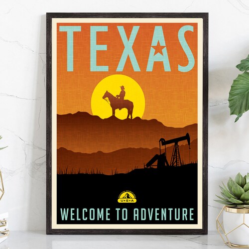 Hand Made Retro Style Travel Poster Texas Vintage Rustic - Etsy