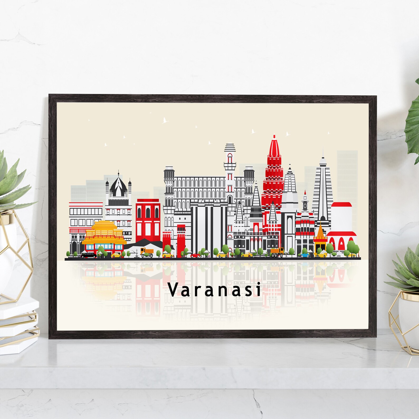 VARANASI INDIA Illustration Skyline Poster, Modern Skyline Cityscape ...