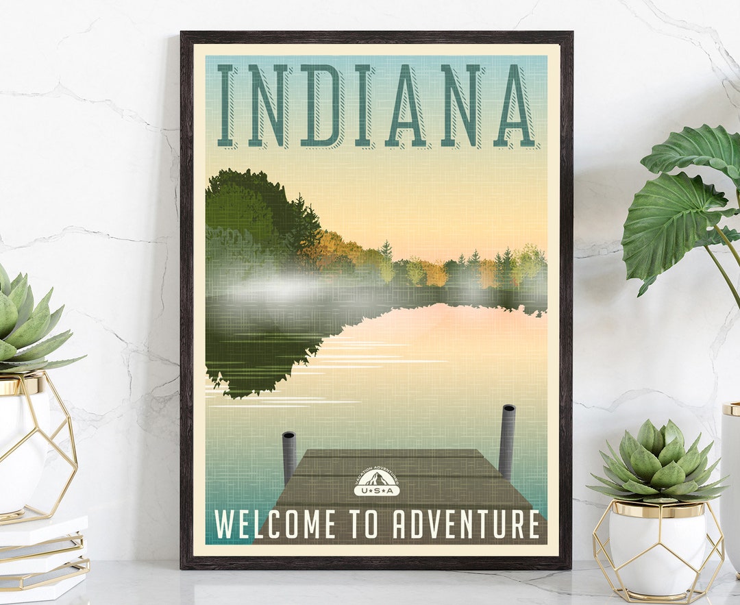 INDIANA Retro Style Travel Poster, Vintage Rustic Poster Print, Home ...