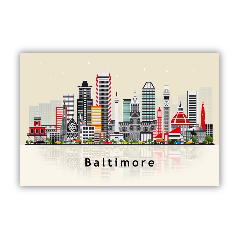 BALTIMORE MARYLAND Illustration Skyline Poster, Maryland Modern Skyline ...