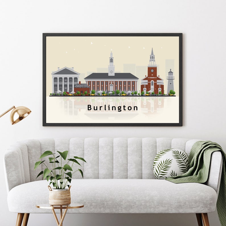 BURLINGTON VERMONT Illustration Skyline Poster, Vermont State Modern ...