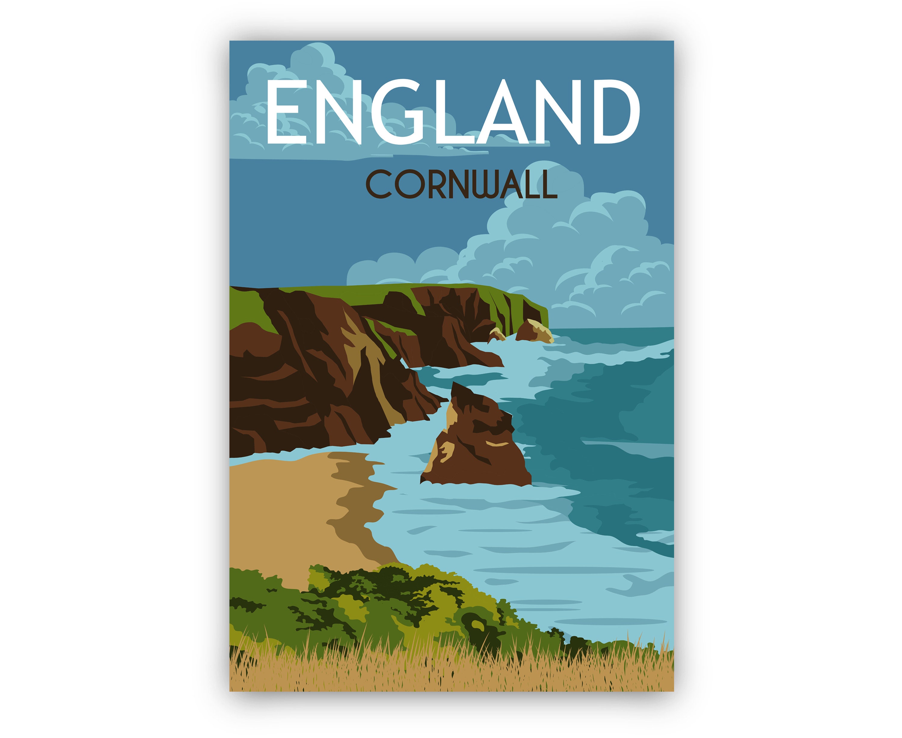 ENGLAND CORNWALL Retro Travel Poster, England Cornwall Cityscape Poster ...