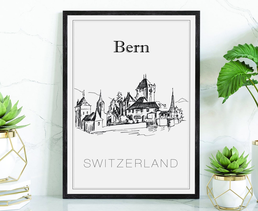 Hand Drawn Poster, Bern Travel Poster, Switzerland Poster Wall Art, Bern Cityscape and Landmark ...
